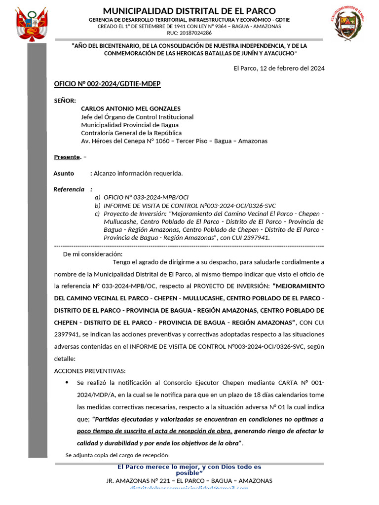 OFICIO #002, Informacion Al OCI | PDF