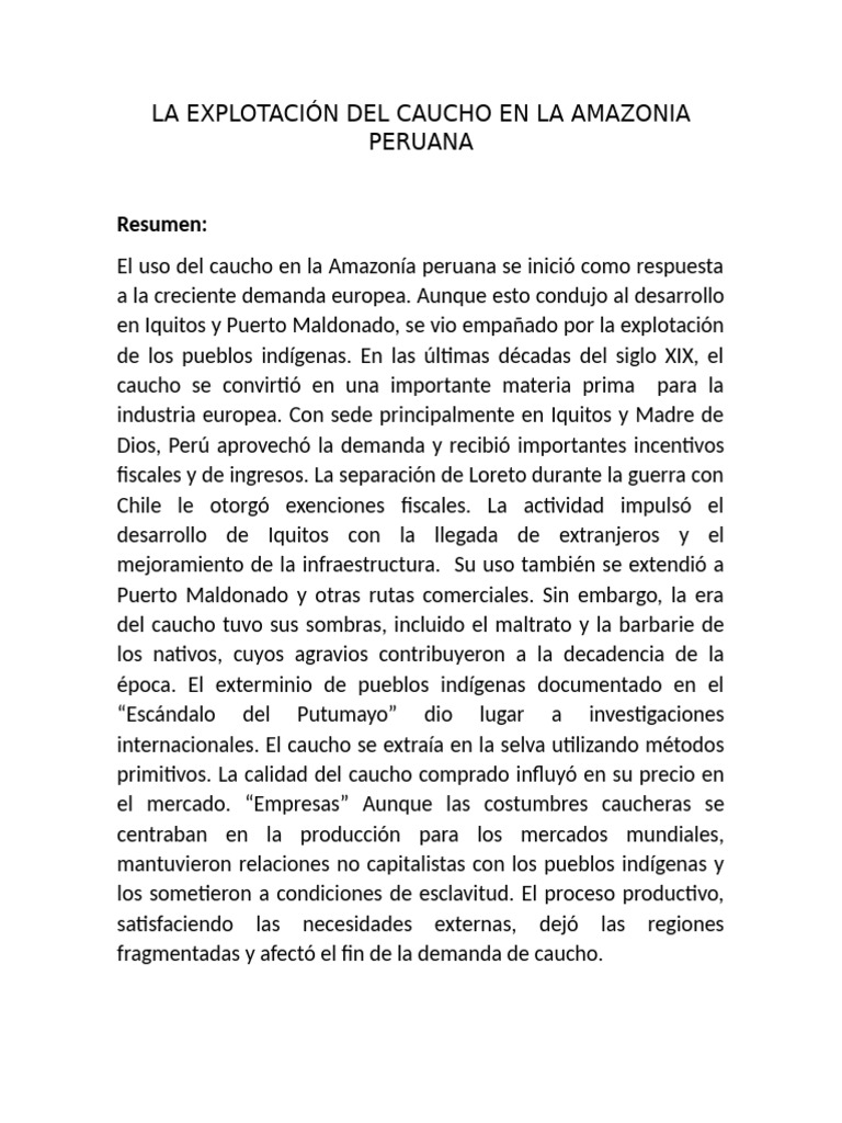 Resumen:: La Explotación Del Caucho en La Amazonia Peruana | PDF