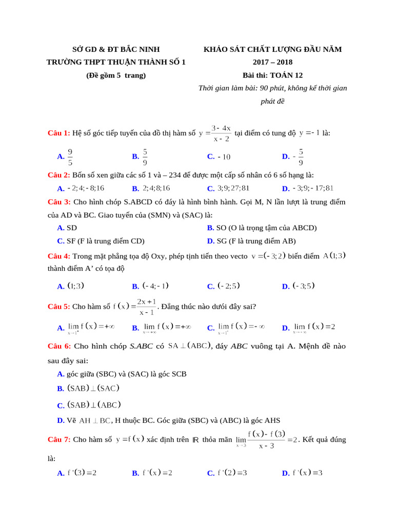 De Khao Sat Chat Luong Dau Nam Toan 12 | PDF