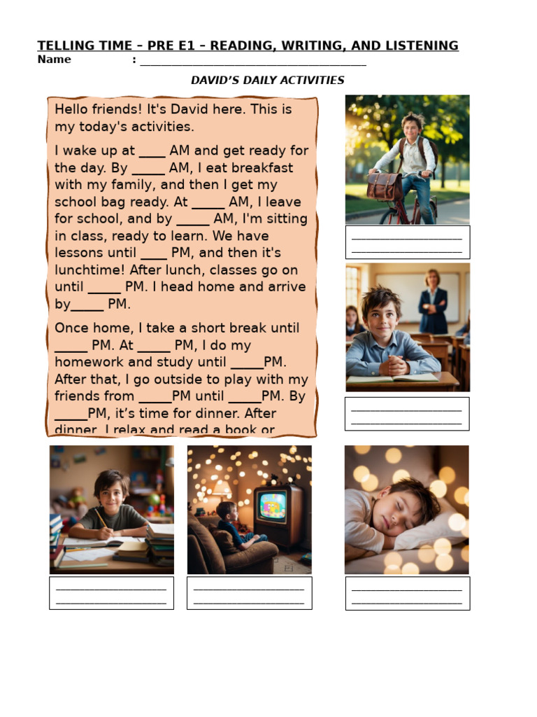 PRE E1 - DAVID DAILY ACTIVITIES (TIME) Unfinished | PDF | Lunch