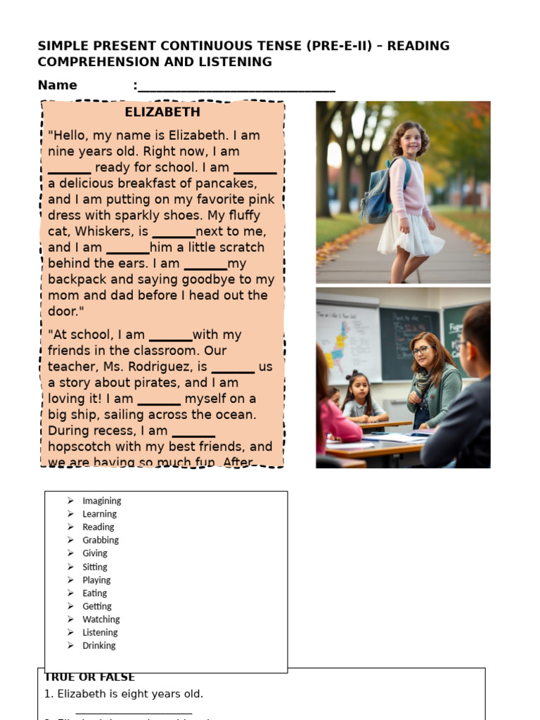 Pre E2 - Elizabeth - Simple Present Continuous Tense | PDF