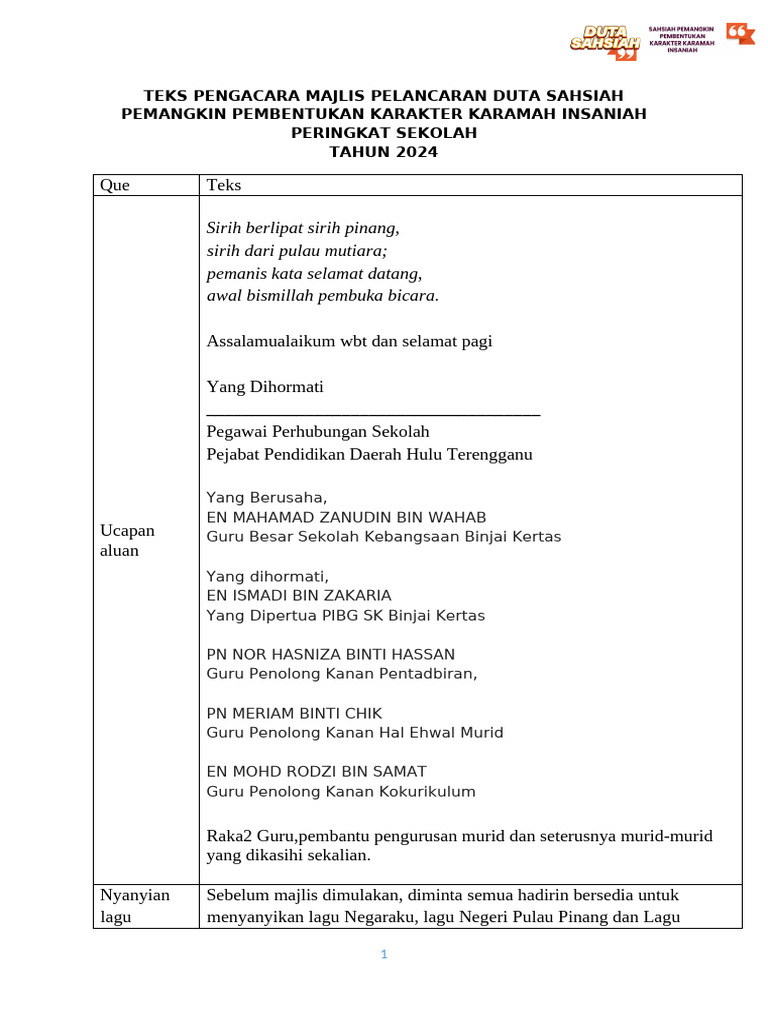 TEKS PENGACARA MAJLIS PELANCARAN Duta Sahsiah | PDF