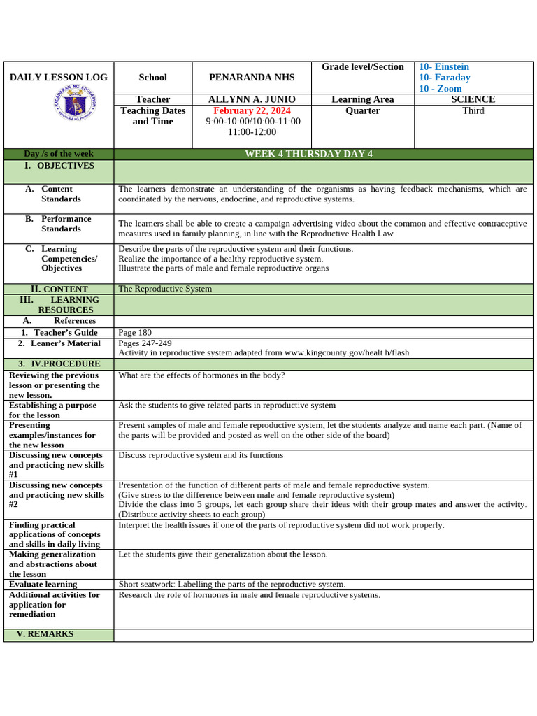 Science 10 LESSON-PLAN-02-22 | PDF | Teachers | Learning