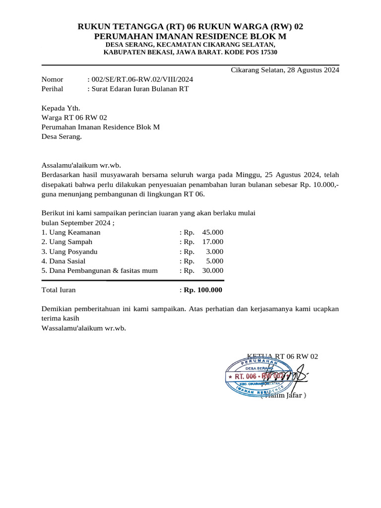 Surat Edaran - Iuran Bulanan | PDF