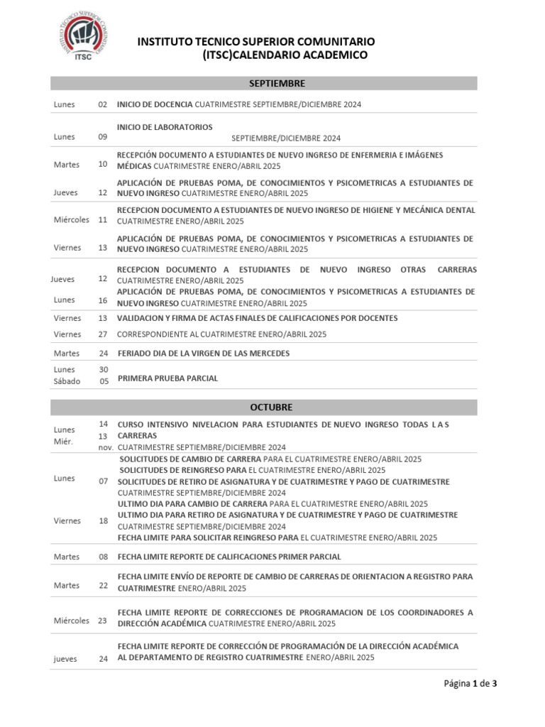 Calendario Académico ITSC 2024-2025 | PDF
