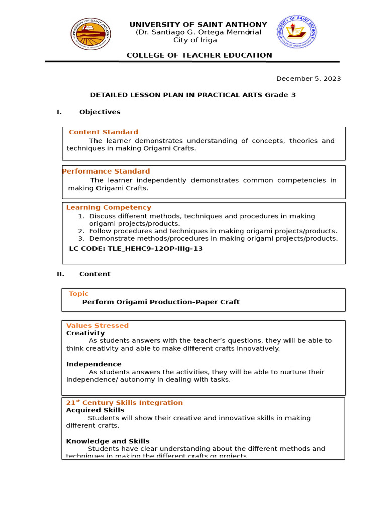 DLP in Practical Arts | PDF | Origami | Learning