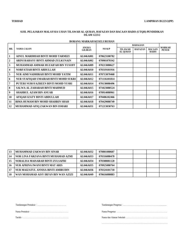 Borang Markah UTQH SPM 2024 | PDF