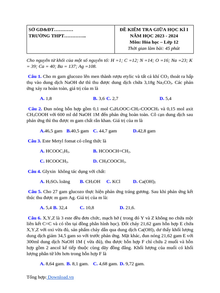 De Thi GK 1 Hoa 12 de 1 | PDF