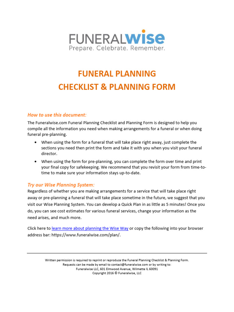 Funeral Planning Form Universal | PDF | Funeral | Coffin