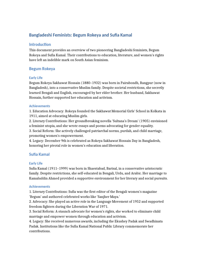 Bangladeshi Feminists Begum Rokeya Sufia Kamal | PDF | Social Ideologies | Gender Studies