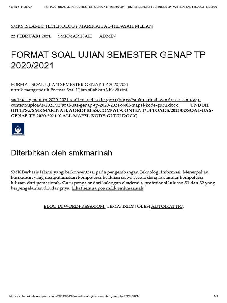 Format Soal Ujian Semester Genap TP 2020 - 2021 - Smks Islamic Technology Marinah Al-Hidayah ...