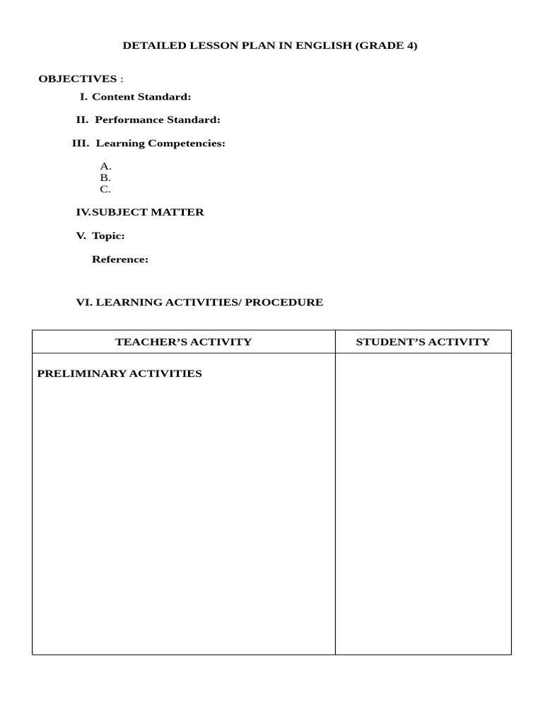Detailed Lesson Plan in English Grade 4 Blank | PDF