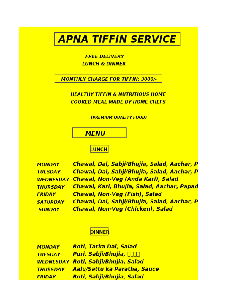 Tiffin Service Menu | PDF