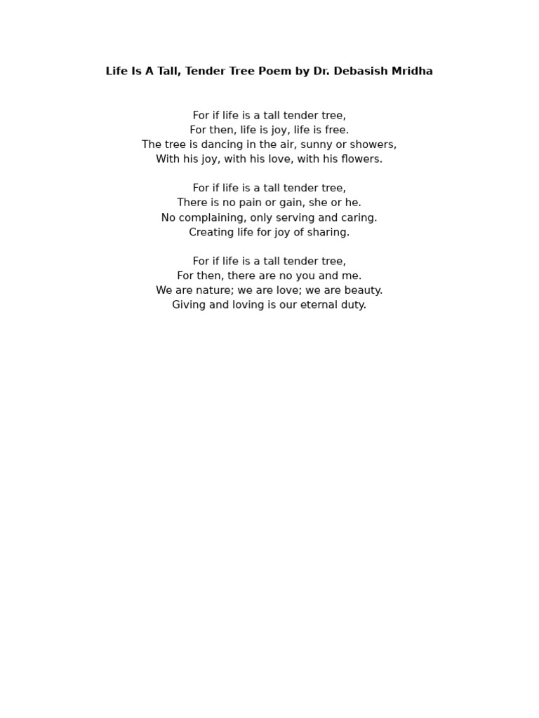 Life Is A Tall, Tender Tree Poem by Dr. Debasish Mridha | PDF