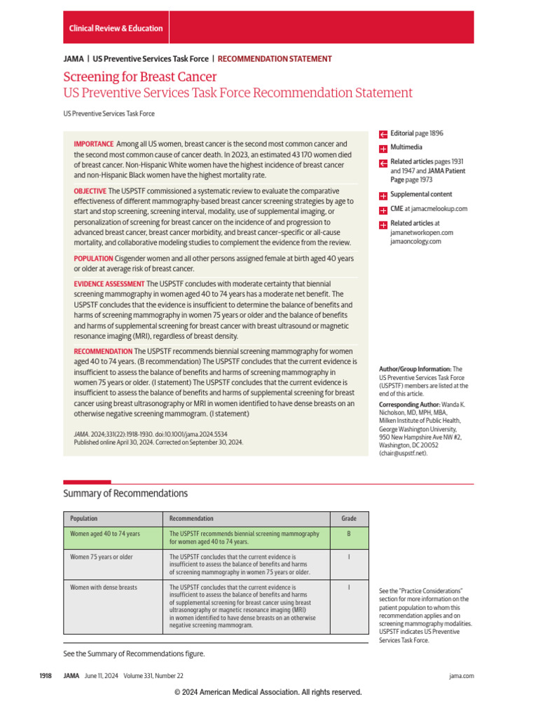 Breast Cancer Screening Final Recommendation | PDF | Mammography ...