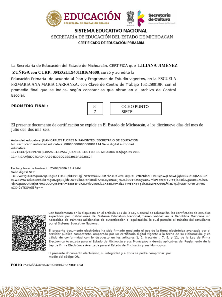 CERTIFICADO DE PRIMARIA MICHOACAN LUIS Ok Ok | PDF