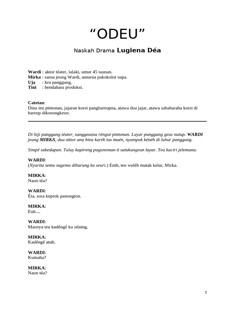 Naskah Drama - ODEU - Lugiena Dea 1-1 | PDF