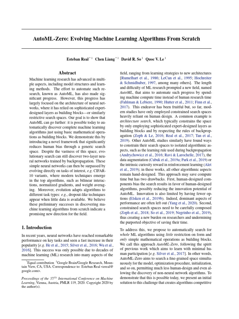 Automl-Zero: Evolving Machine Learning Algorithms From Scratch | PDF | Artificial Neural Network ...