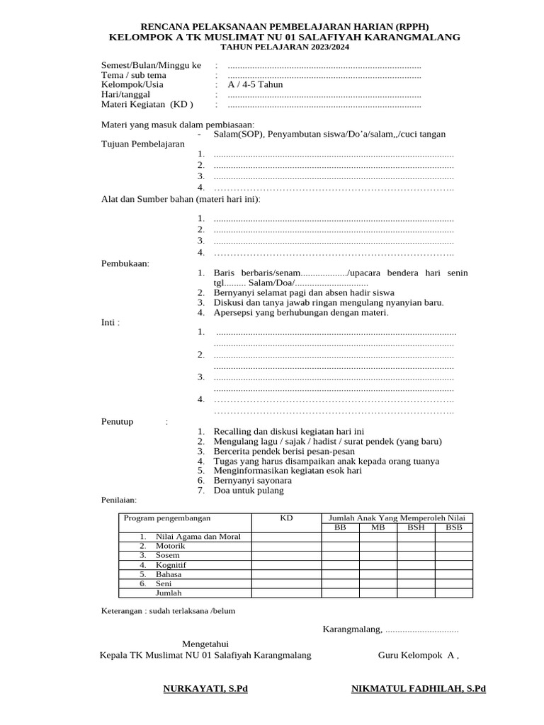 CONTOH RPPH TK Salafiyah | PDF