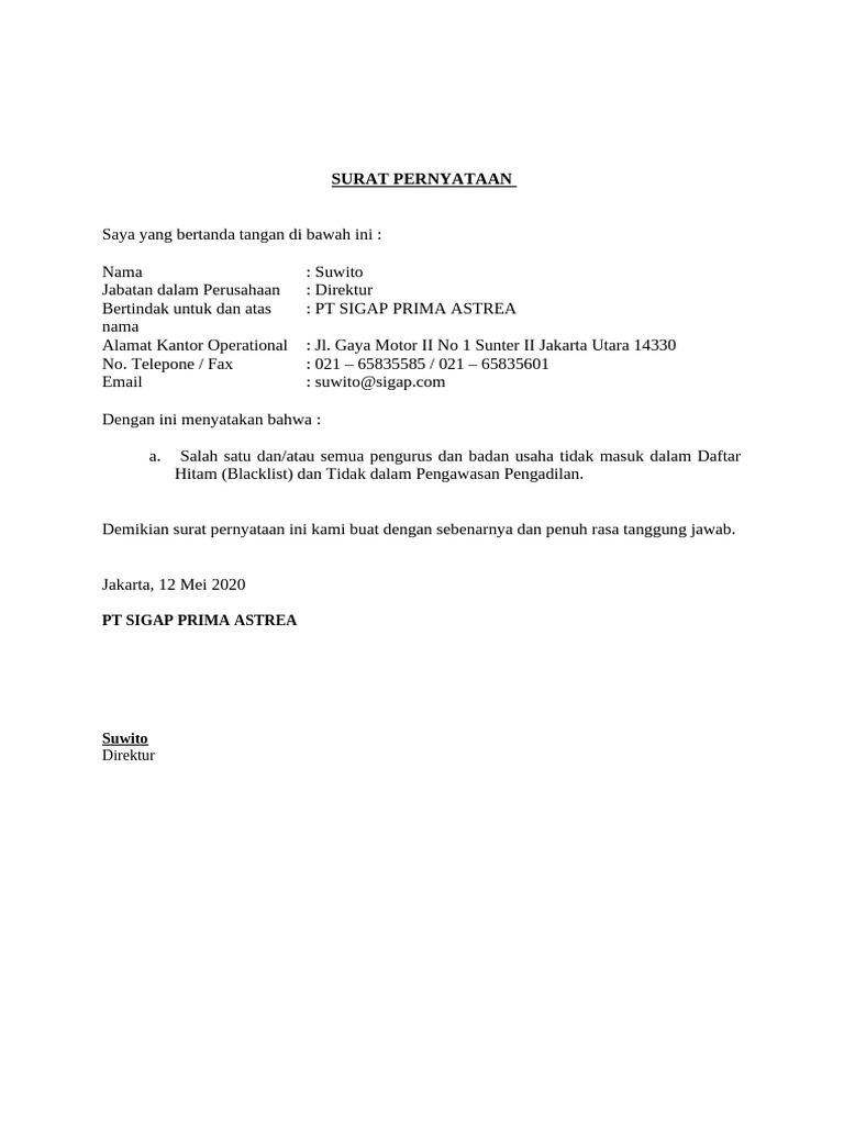 Surat Pernyataan Daftar Hitam Dan Tidak Dalam Pengadilan | PDF