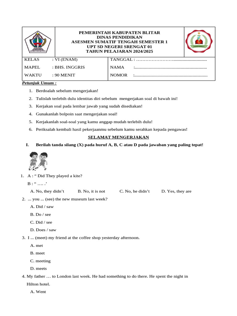 UAS Bahasa Inggris Kelas VI 2024/2025 | PDF