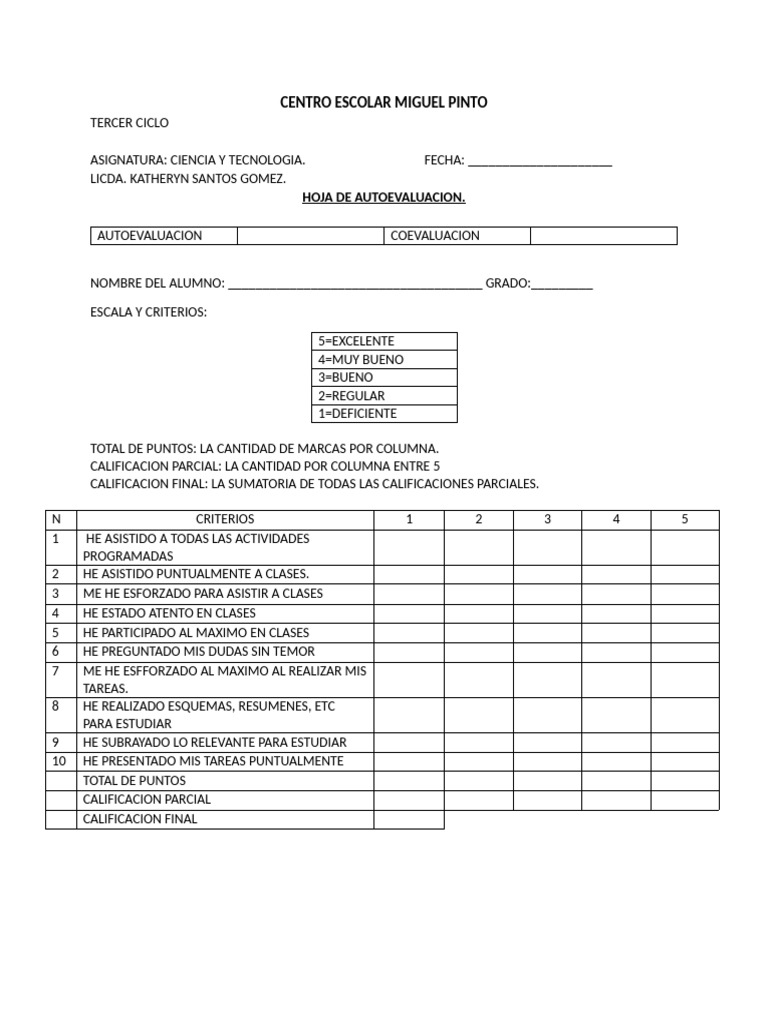 Hoja de Autoevaluacion y Evaluacion Grupal | PDF | Evaluación
