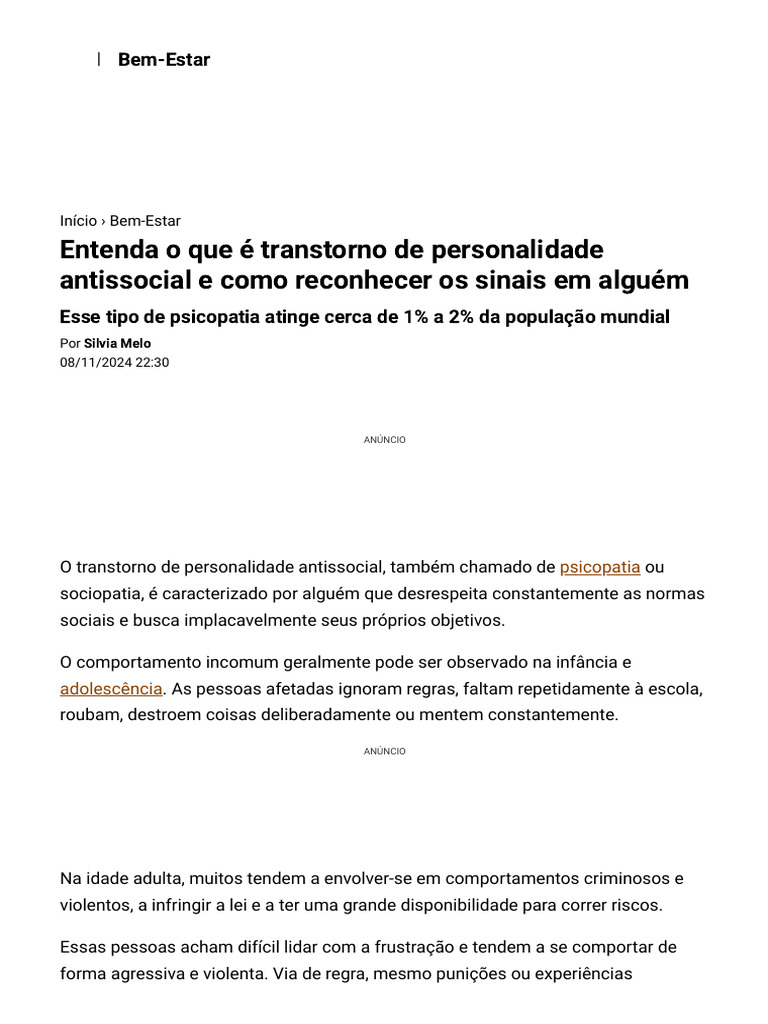 Entenda o Que É Transtorno de Personalidade Antissocial e Como ...