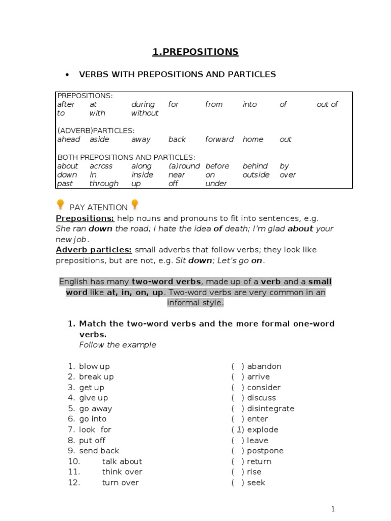 Prepositions 1 | PDF | Preposition And Postposition | Verb