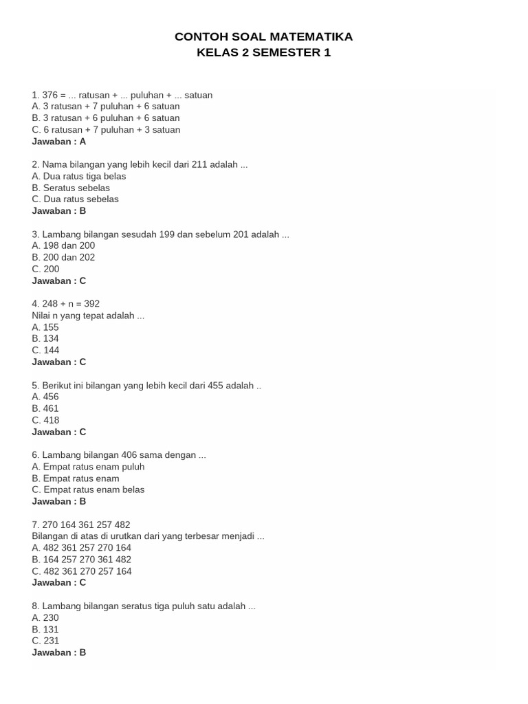 Soal Matematika Kelas 2 Semester 1 | PDF