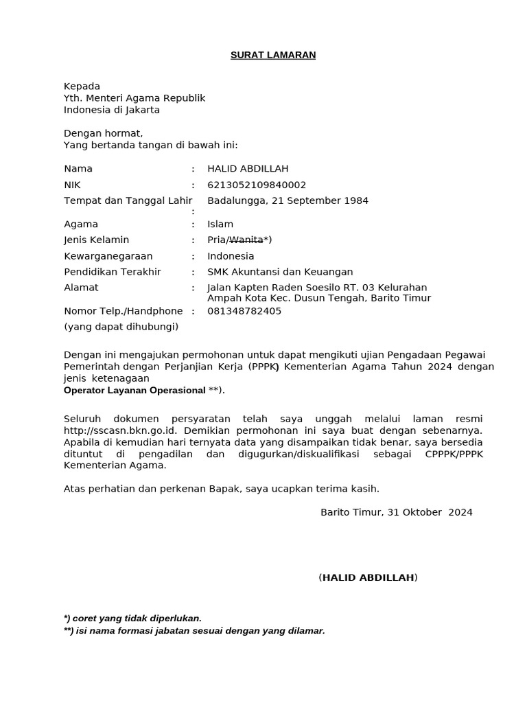 Surat Lamaran PPPK 2024 | PDF