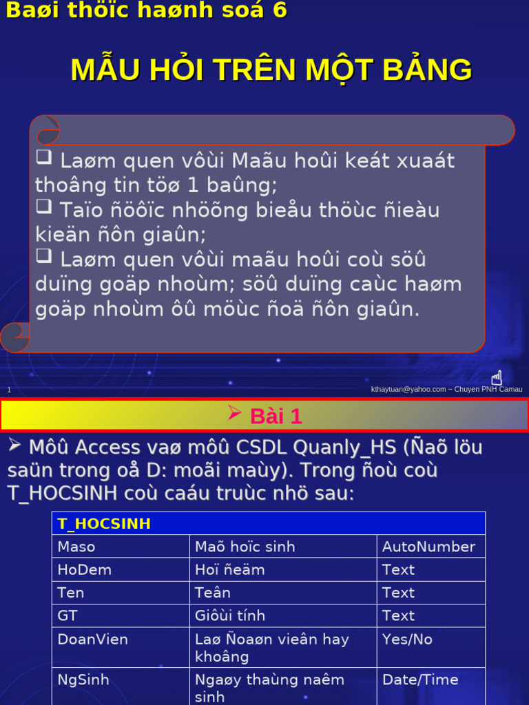 Tiet 27. Bai Tap Va Thuc Hanh 6. Mau Hoi Tren Bang Va Nhieu Bang | PDF