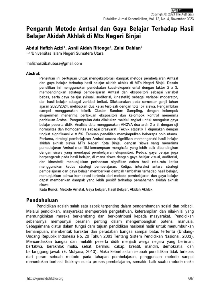 Pengaruh Metode Amtsal Dan Gaya Belajar Terhada (Hasil Akidah Akhlak Di Mts Negri Binjai | PDF
