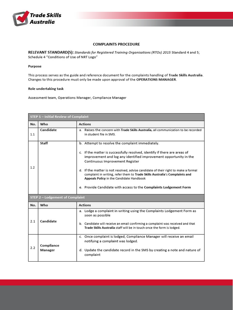 Trade Skills Australia Complaints Process | PDF | Complaint | Mediation