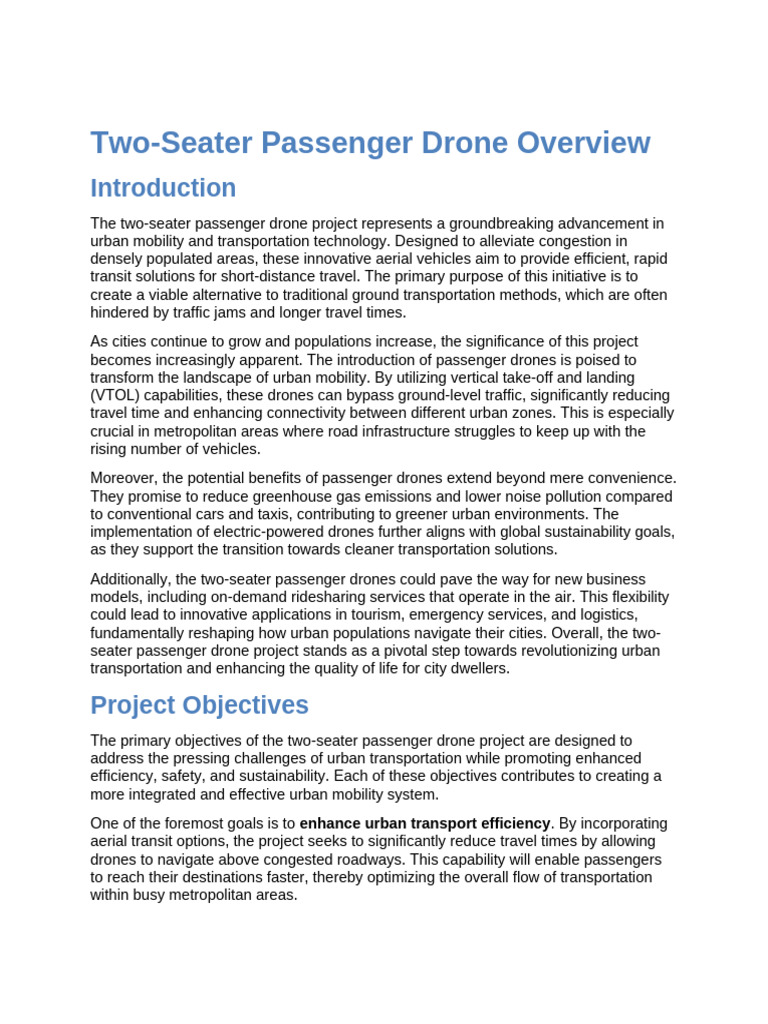 Two-Seater Passenger Drone Overview | PDF | Unmanned Aerial Vehicle ...