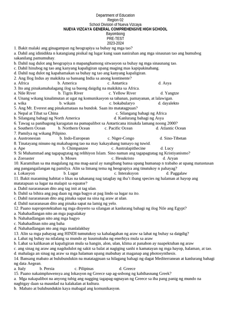 Pre-Test Ap G8 Sy. 23-24 | PDF