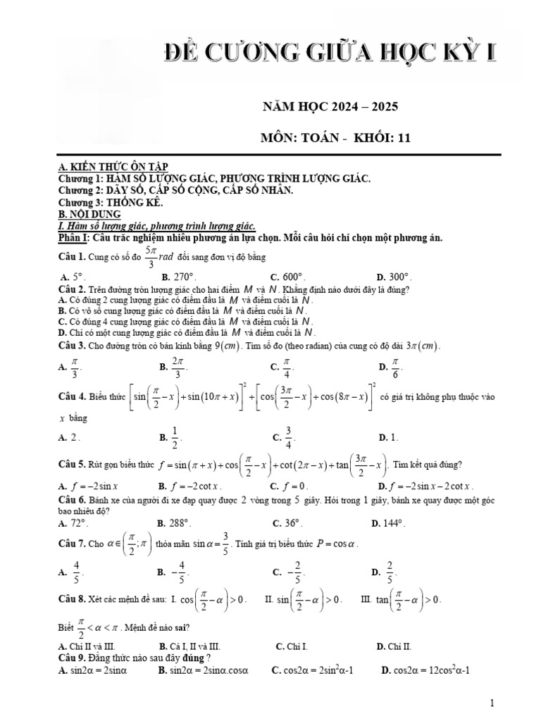 De Cuong Giua Hoc Ky 1 Toan 11 Nam 2024 2025 Truong THPT Xuan Dinh Ha Noi | PDF