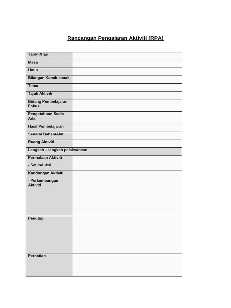 Template Rancangan Pengajaran Aktiviti (RPA) | PDF
