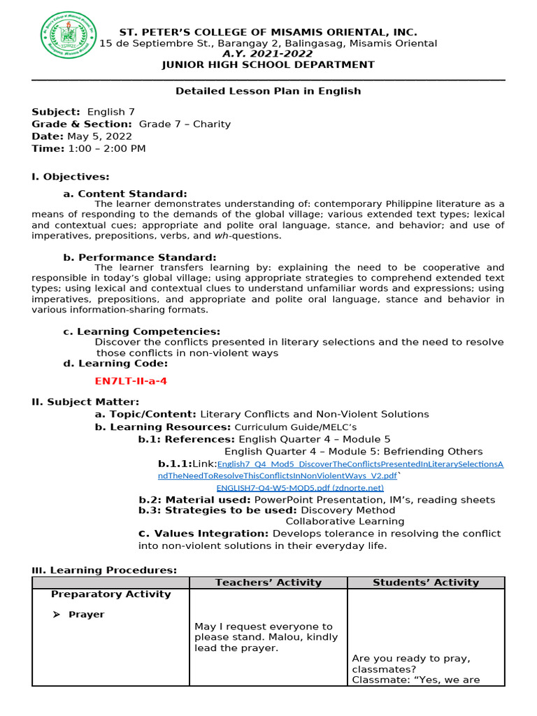 English 7 Lesson Plan: Literary Conflicts | PDF | English Language ...
