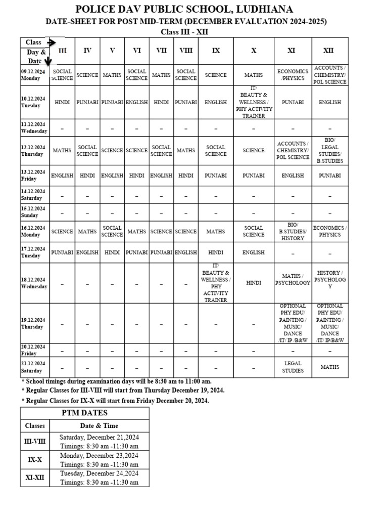 School Exam Schedule Dec 2024 | PDF