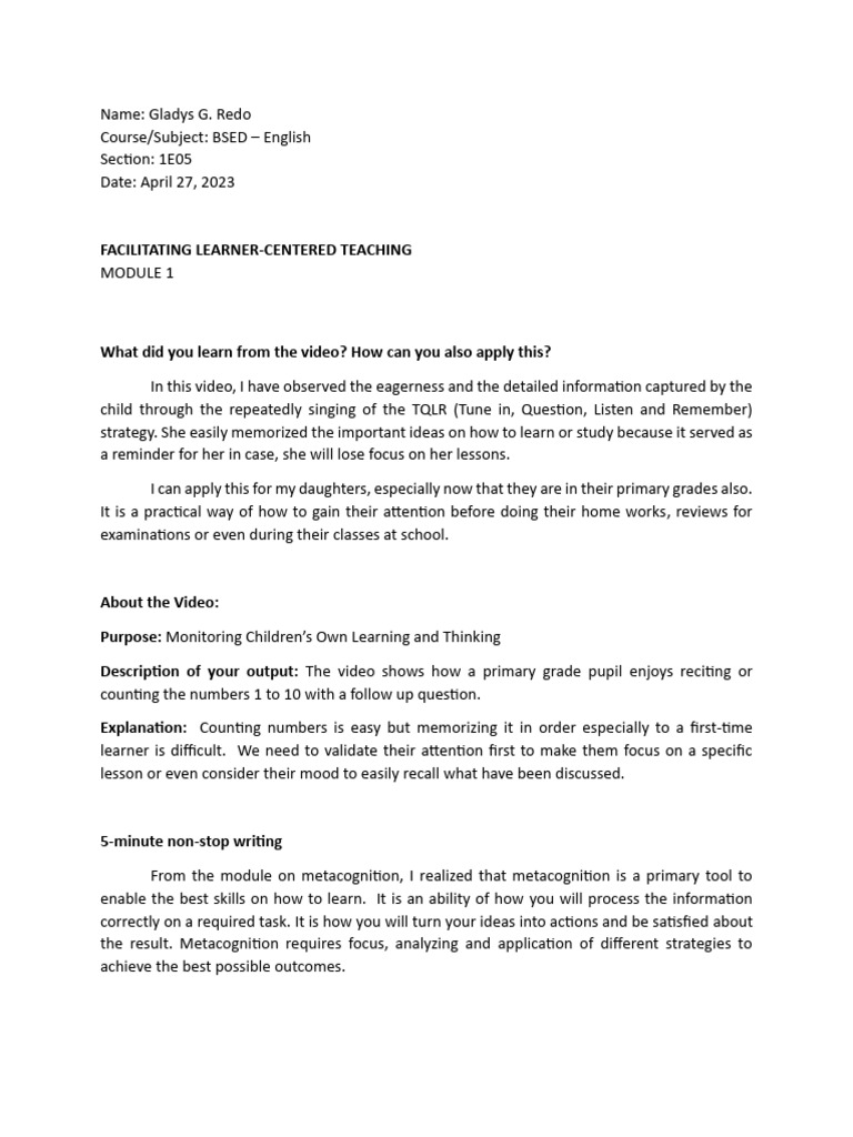 Metacognition (Module 1) | PDF