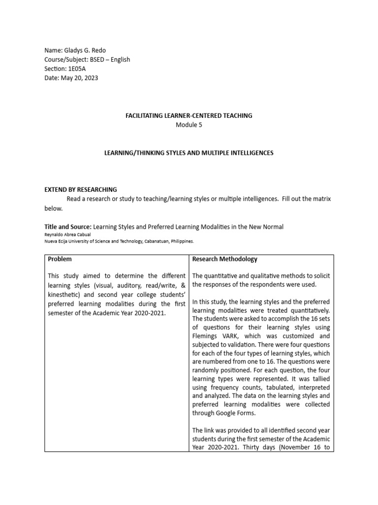 Facilitating Learner-Centered Teaching - Module 5 | PDF | Learning Styles | Learning