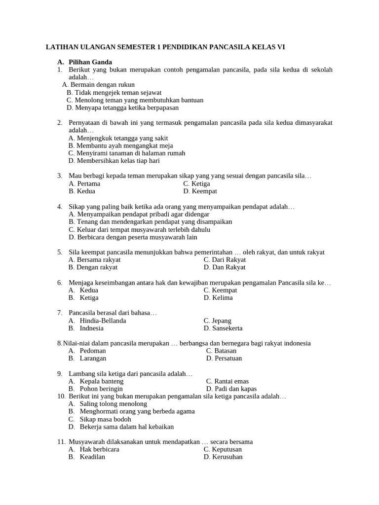 Latihan Ulangan Semester 1 Pendidikan Pancasila Kelas Vi | PDF