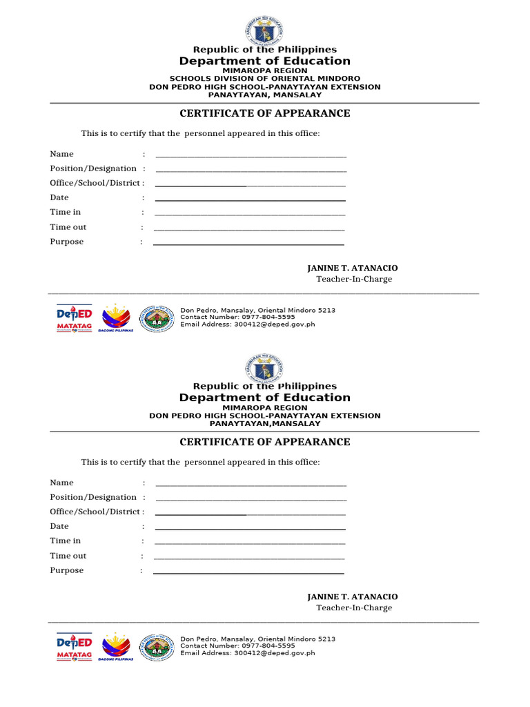 Cert of Appearance Don Pedro HS Panaytayan Extension | PDF