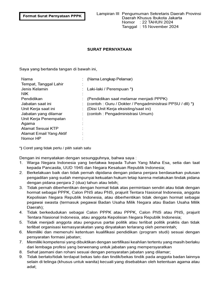 Lampiran III Format Surat Pernyataan PPPK | PDF