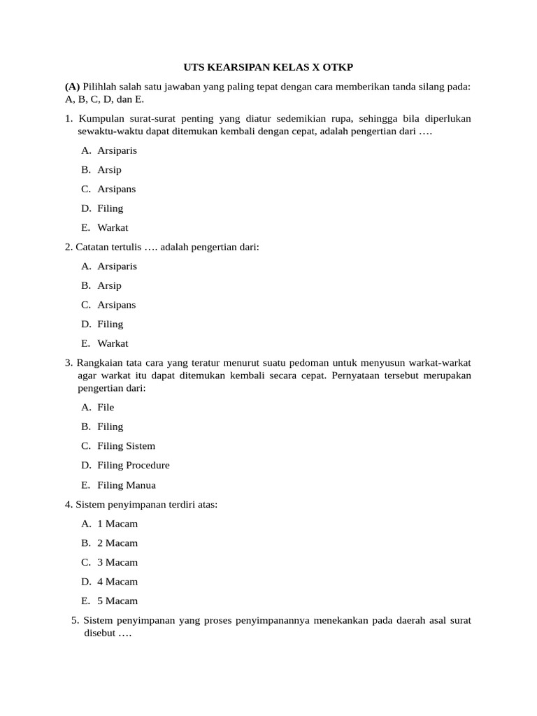 Uts Kearsipan Kelas X Otkp | PDF