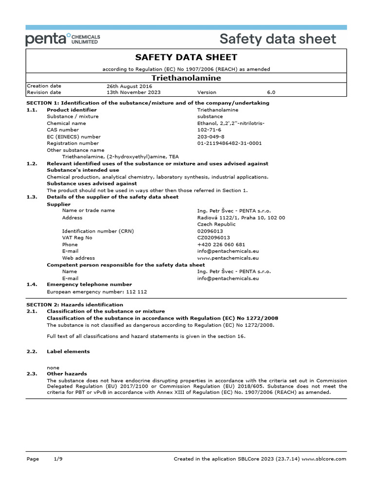 Triethanolamine Safety Data Sheet | PDF | Chemical Substances ...
