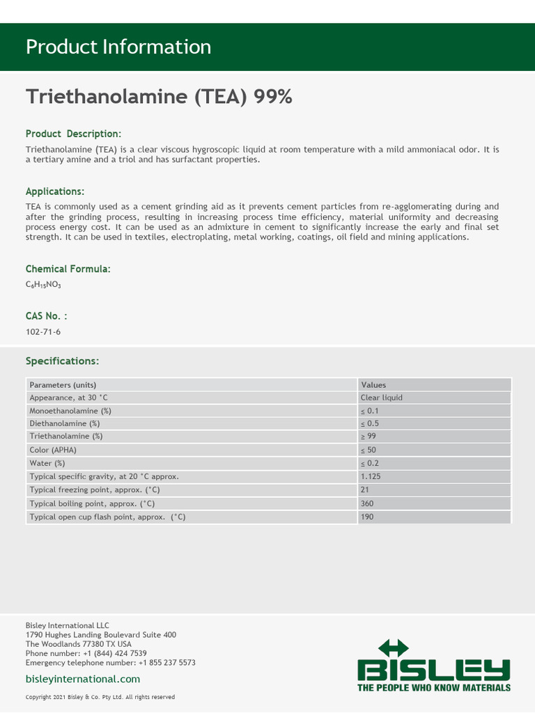 Triethanolamine TEA 99 TDS | PDF | Materials | Chemical Substances