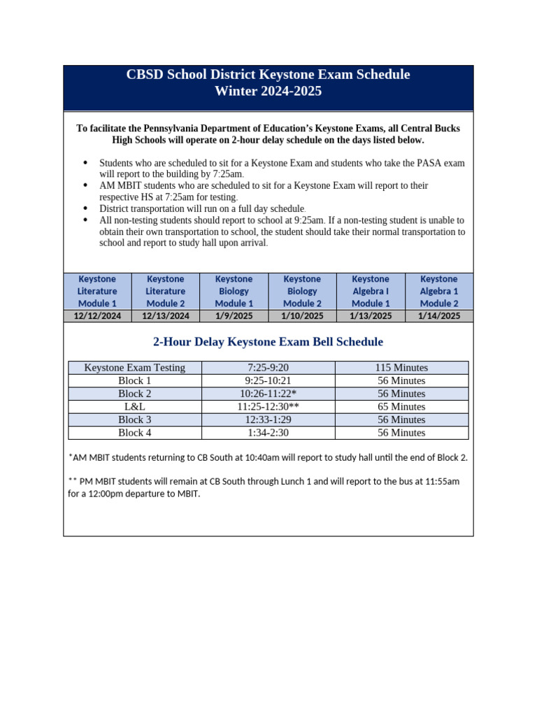 CBSD Keystone Exam Schedule 2024-2025 | PDF