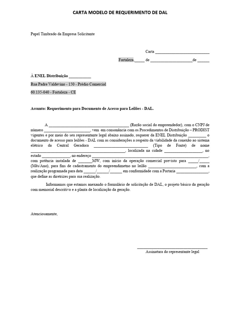 Modelo de Carta para Requerimento de DAL | PDF