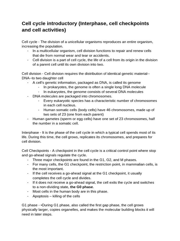 Cell Cycle Introductory (Interphase, Cell Checkpoints and Cell ...
